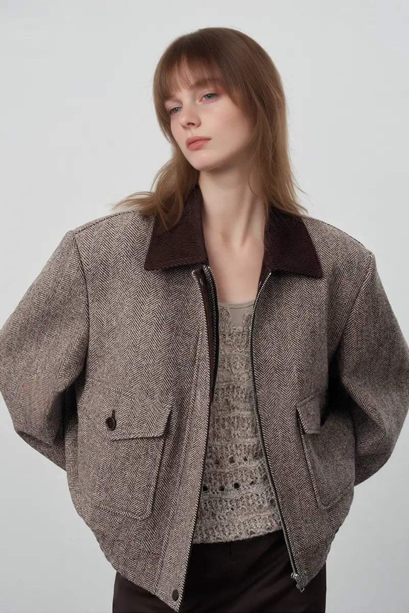 Fibflx Women's Herringbone Cropped Wool Tweed Bomber Jacket