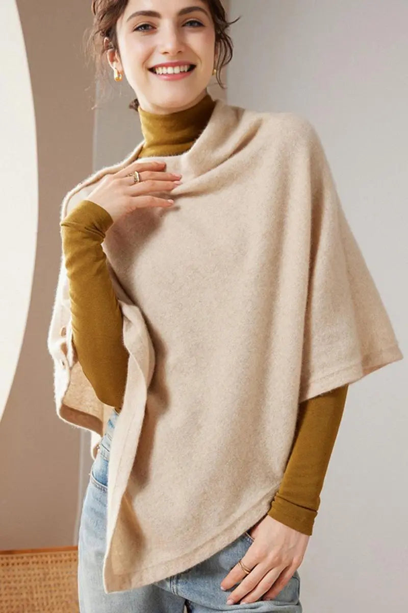 Fibflx Women's 100 Cashmere Button-Up Poncho Sweater