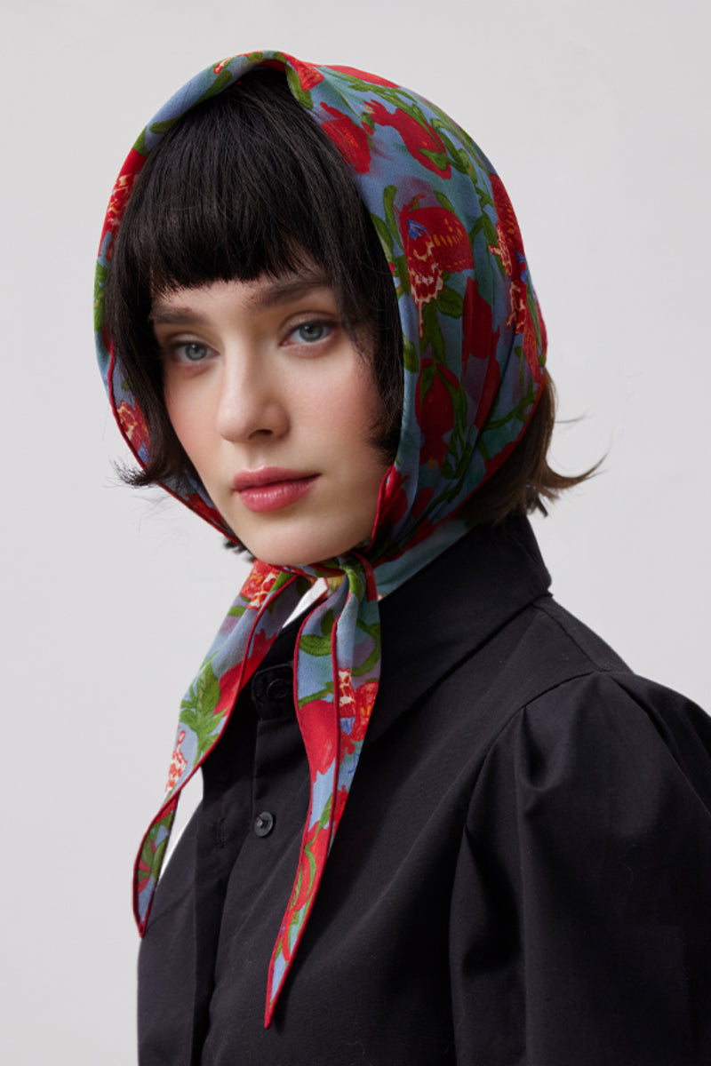 Fibflx Women's 100 Mulberry Silk Floral Print Diamond Neckerchief Scarf