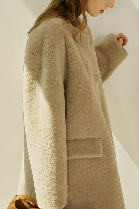 Fibflx Women's Collarless Long Sherpa Coat - Faux Shearling Elegance