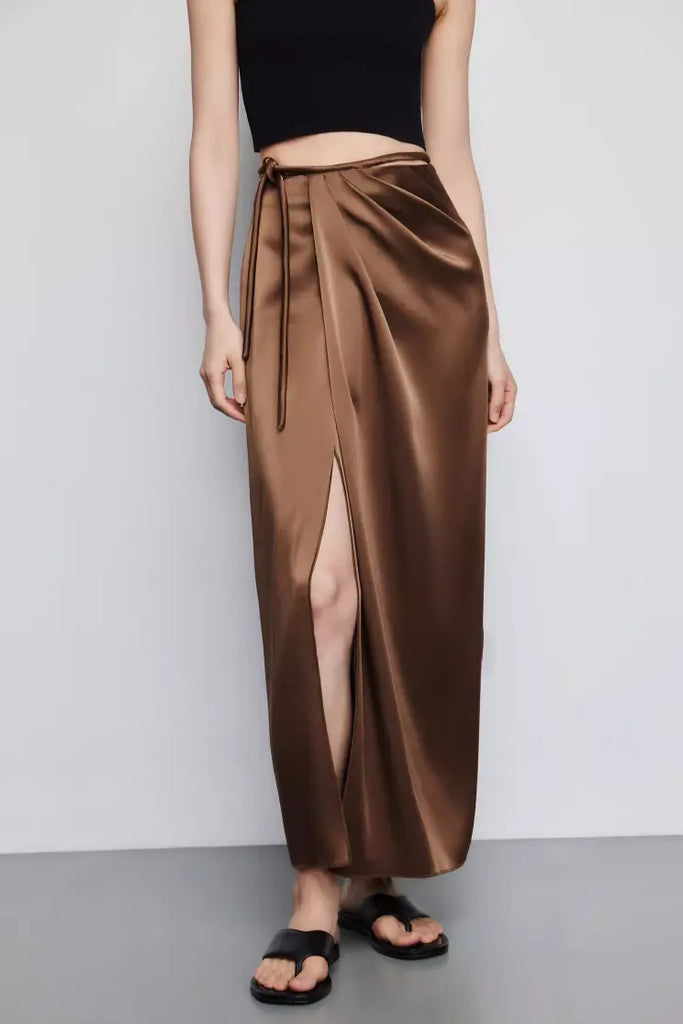 Fibflx Women's French Style High Waist Wrap Slit Skirt With Acetate Satin