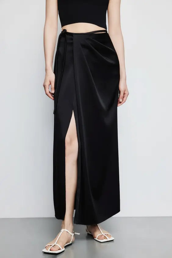 Fibflx Women's French Style High Waist Wrap Slit Skirt With Acetate Satin