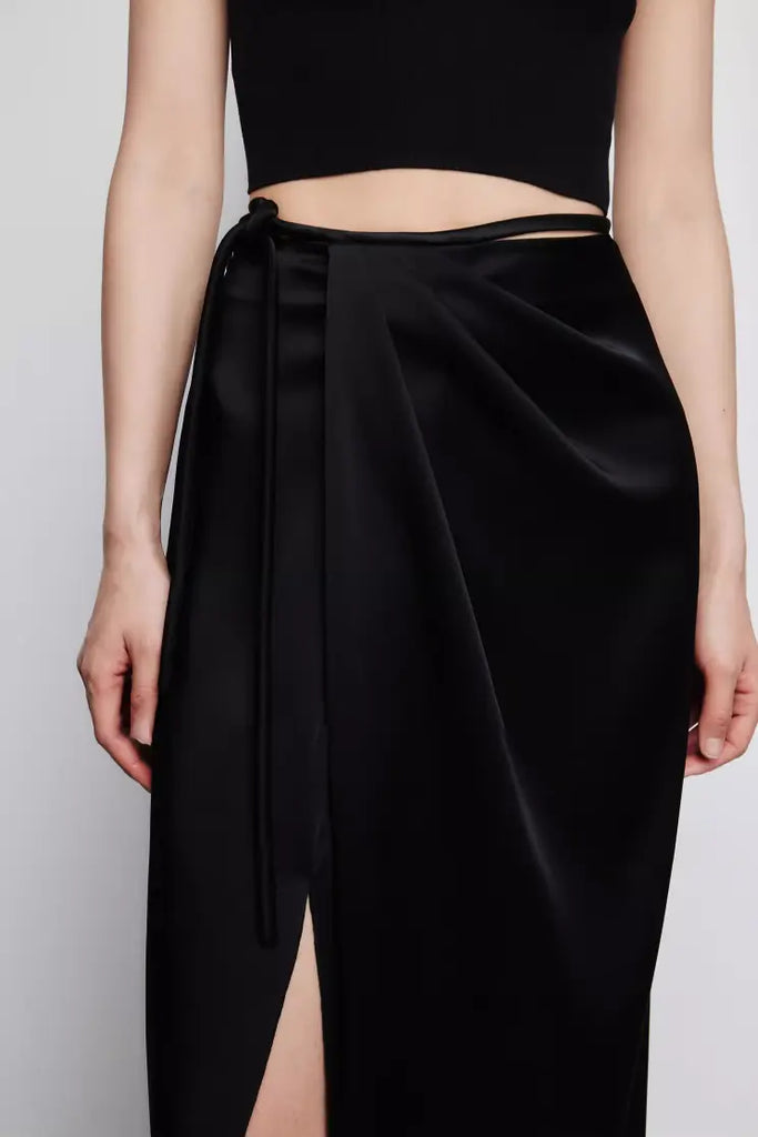 Fibflx Women's French Style High Waist Wrap Slit Skirt With Acetate Satin