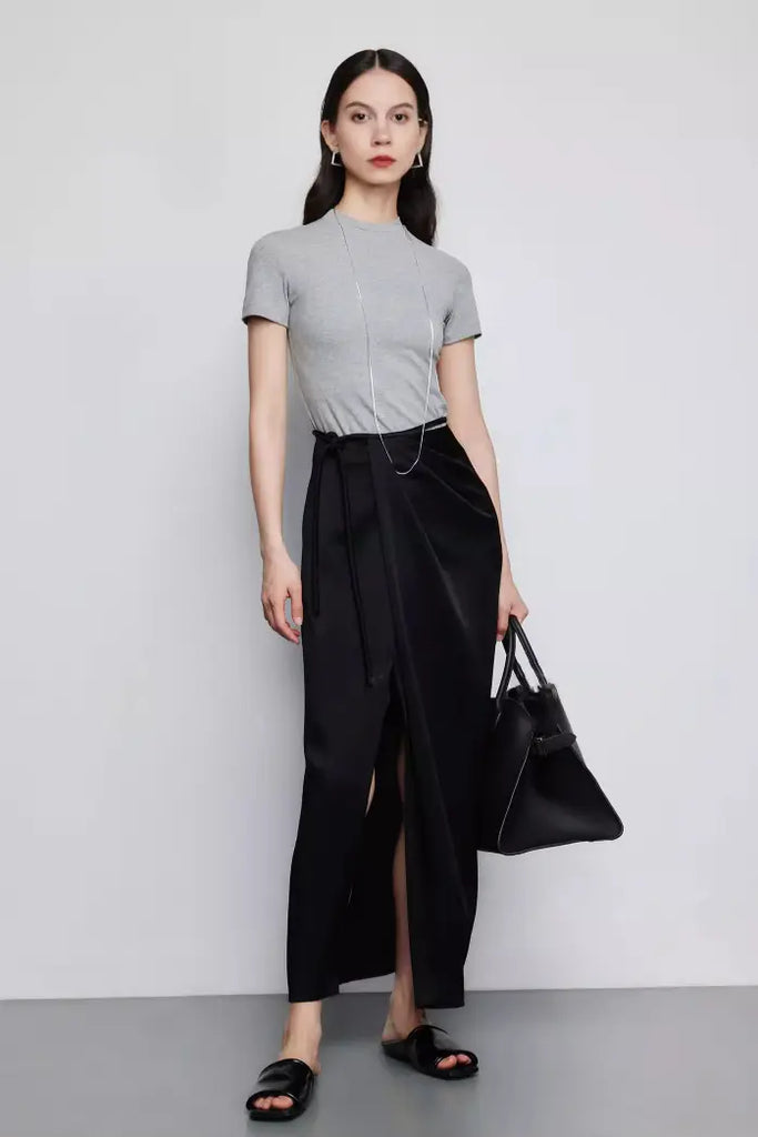 Fibflx Women's French Style High Waist Wrap Slit Skirt With Acetate Satin