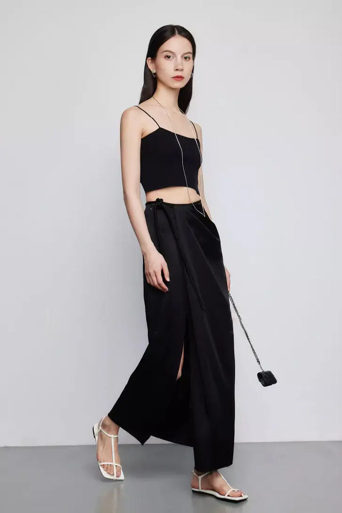 Fibflx Women's French Style High Waist Wrap Slit Skirt With Acetate Satin