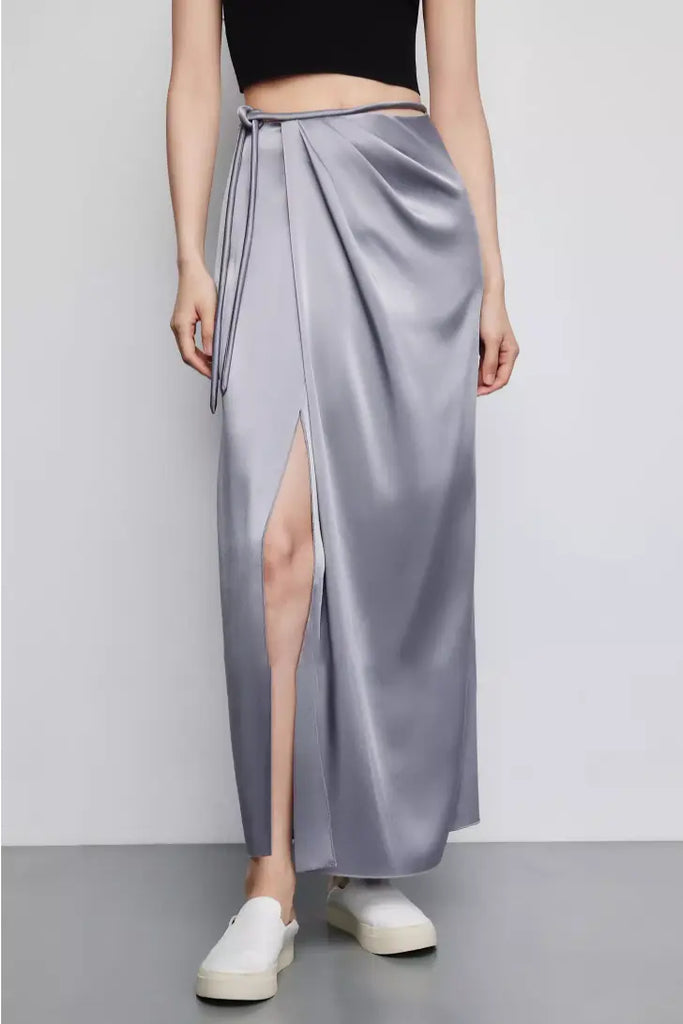 Fibflx Women's French Style High Waist Wrap Slit Skirt With Acetate Satin