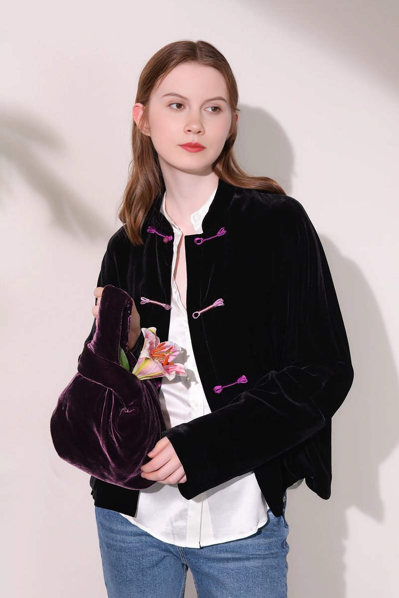 Fibflx Women's Mandarin Collar Silk Velvet Jacket