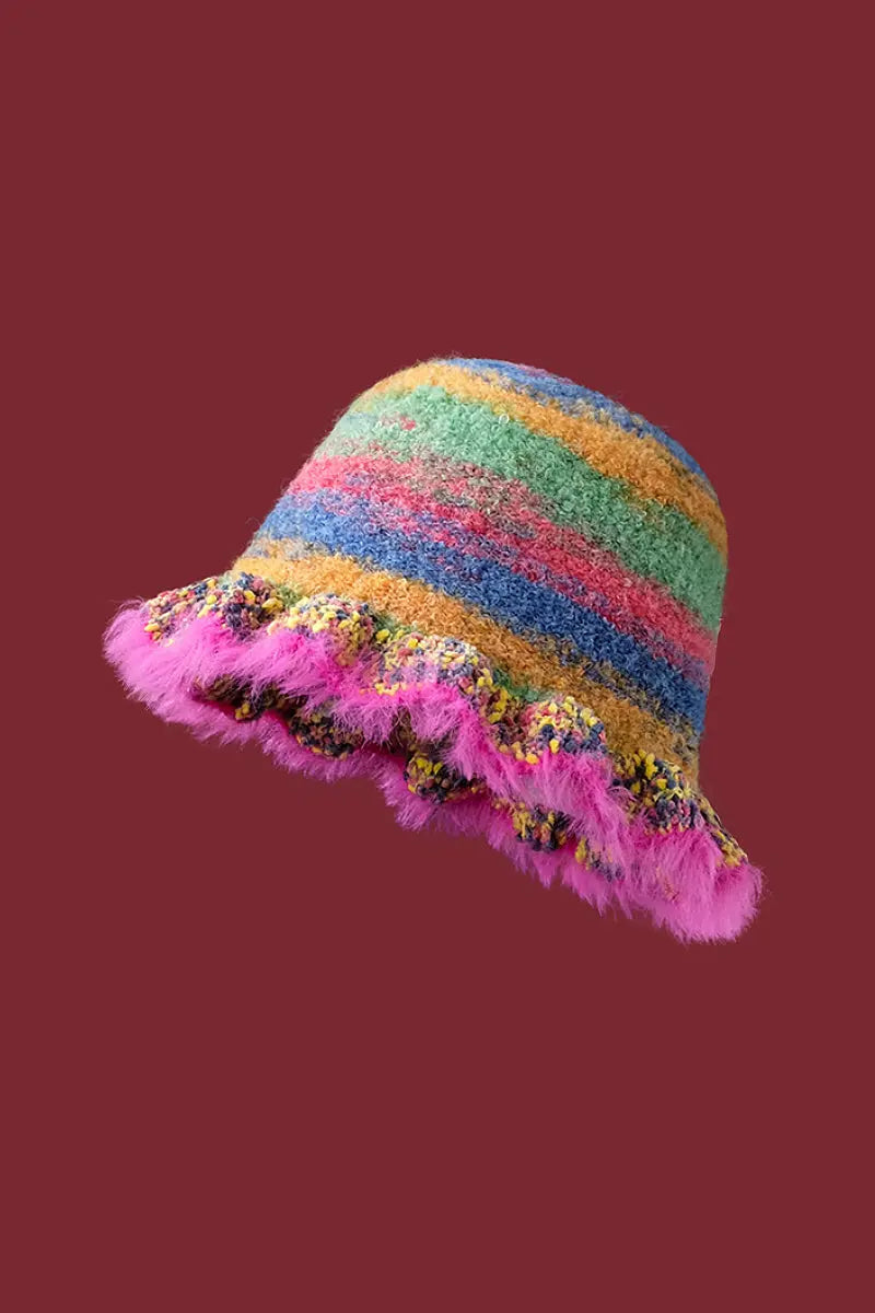 Fibflx Women's Rainbow Striped Knit Bucket Hat with Wavy Fur Brim