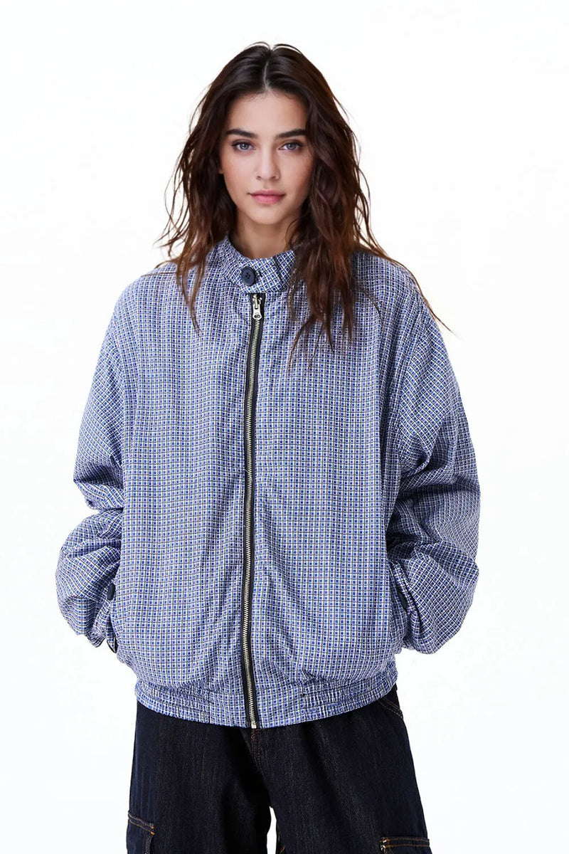 Fibflx Women's Reversible Micro-Check Zip-Up Bomber Jacket
