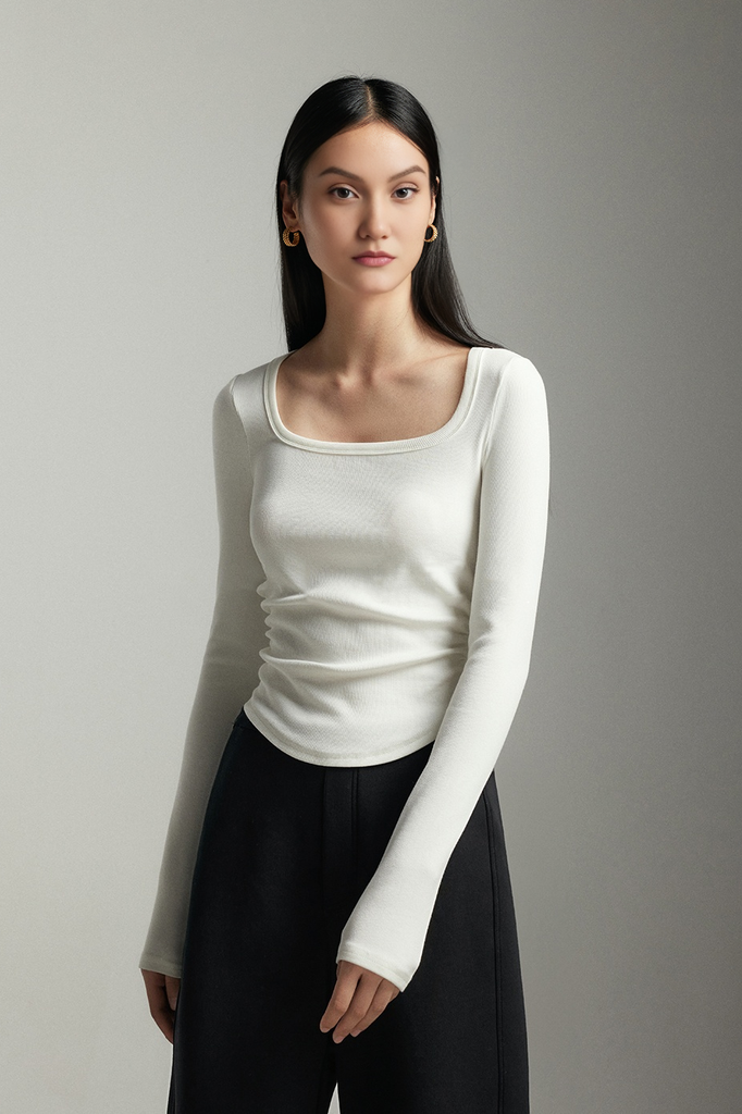 Fibflx Women's Slim Fit Square Neck Long Sleeve Top