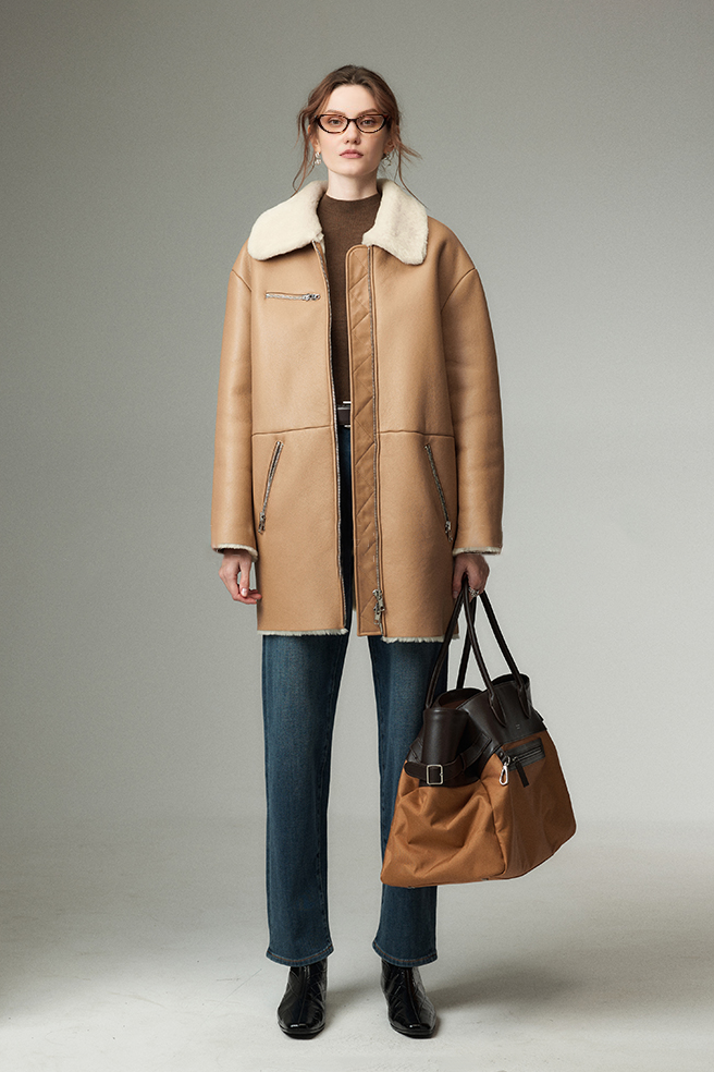 Fibflx Women's Mid-length Merino Shearling Lined Leather Jacket