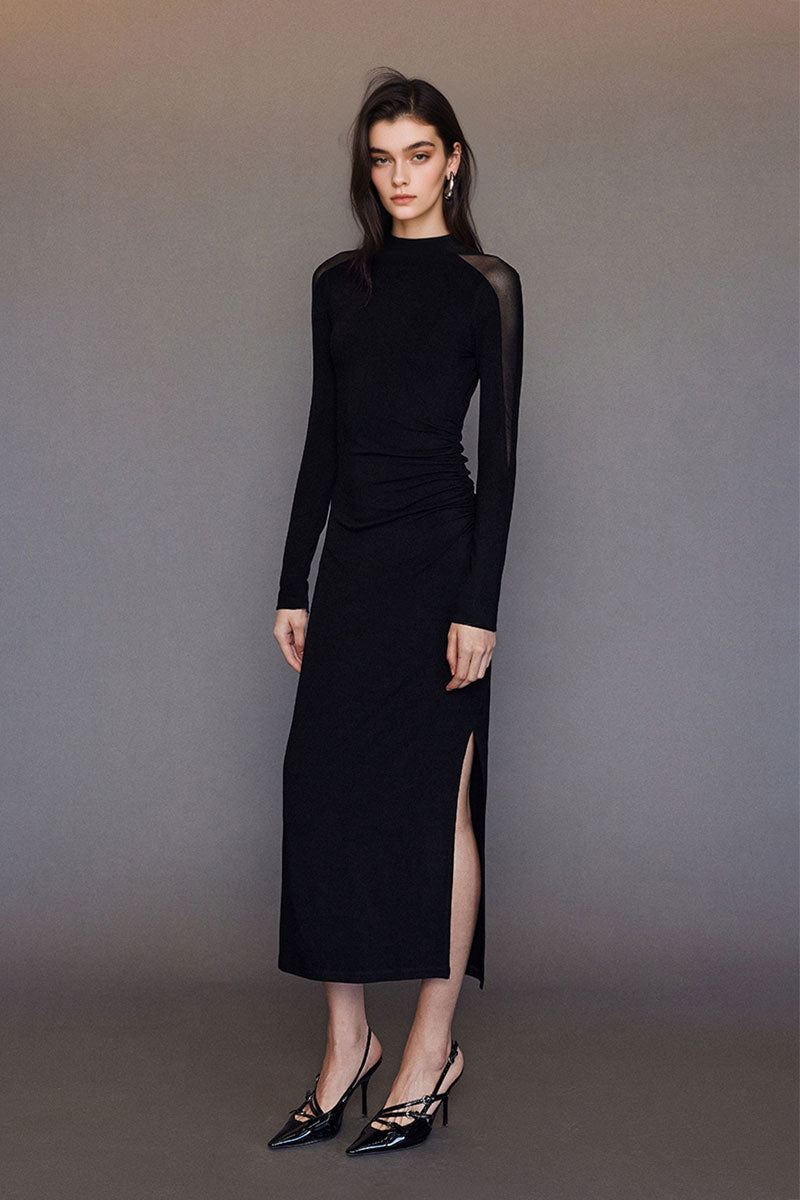 Fibflx Women's Black Bodycon Maxi Dress with Mesh Sleeve