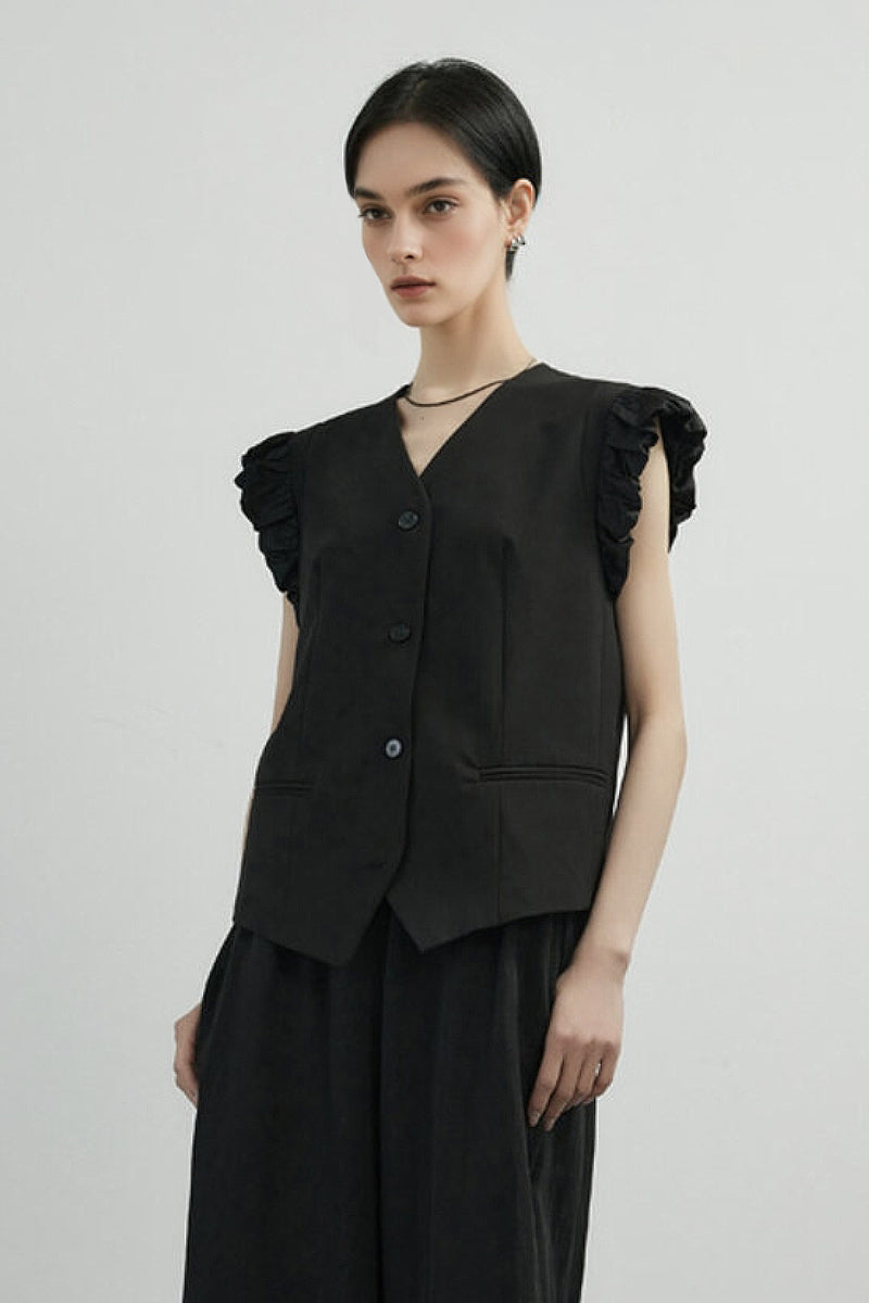 Fibflx Women's Black V-Neck Button-Up Ruffle Suit Vest