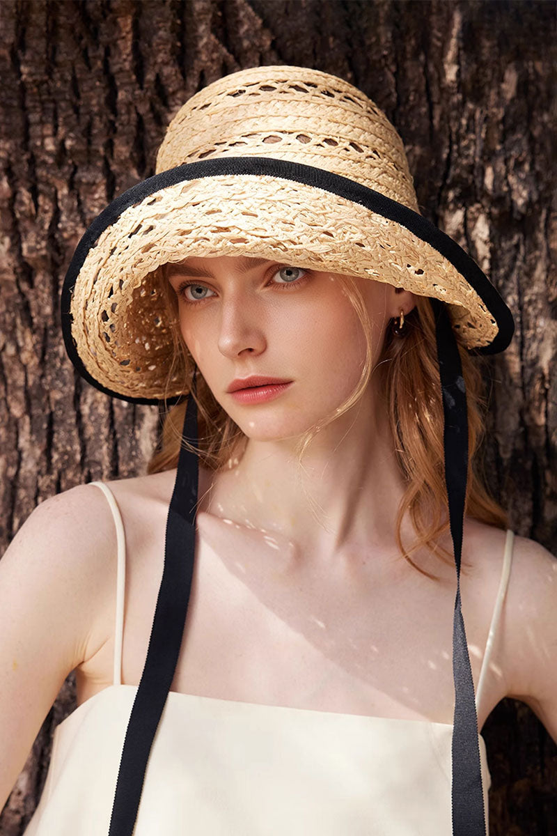 Hand Crochet Straw Bucket Hat with Ribbon | FIBFLX