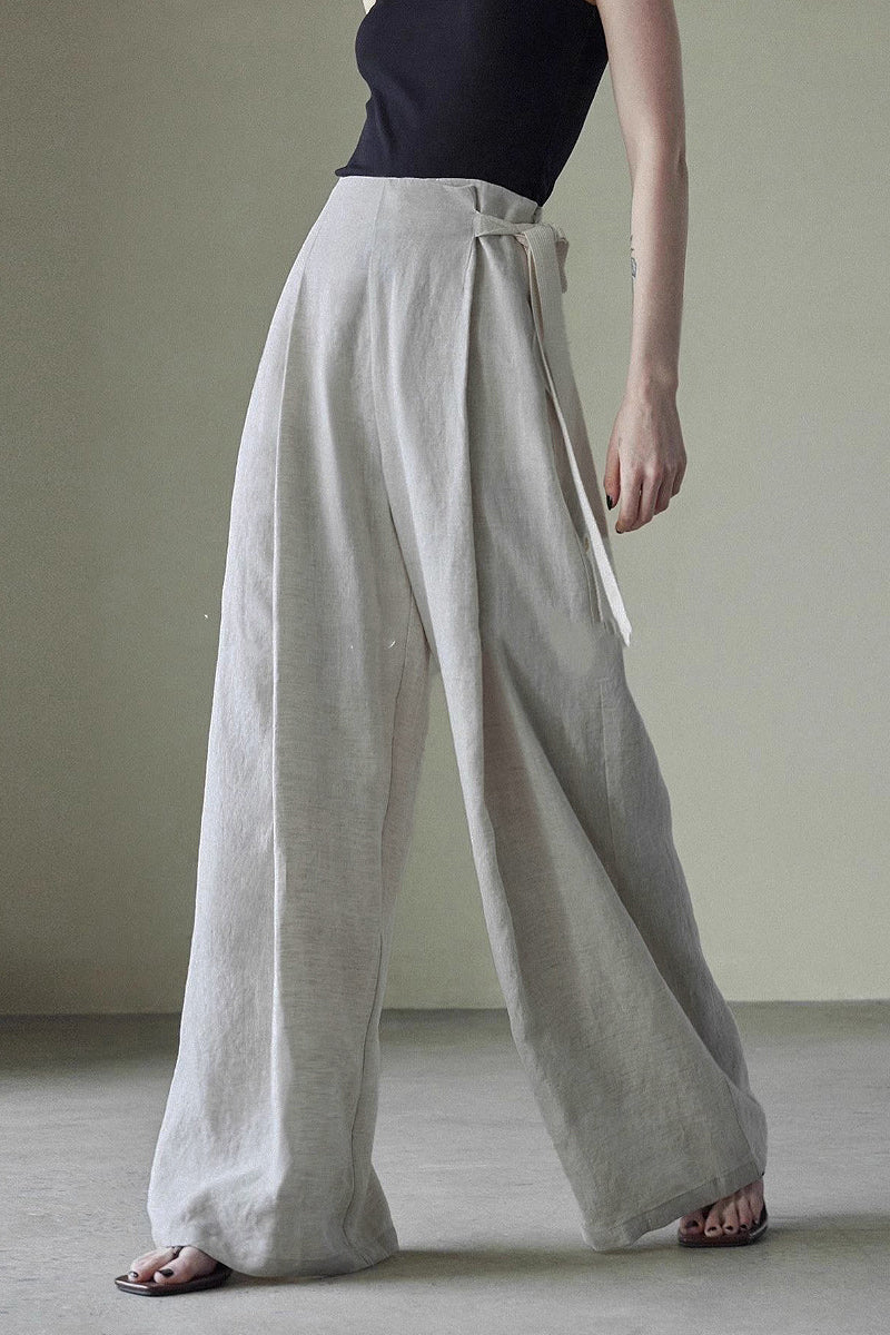 Fibflx Women's Linen Side-Tie Wide-Leg Pleated Pants