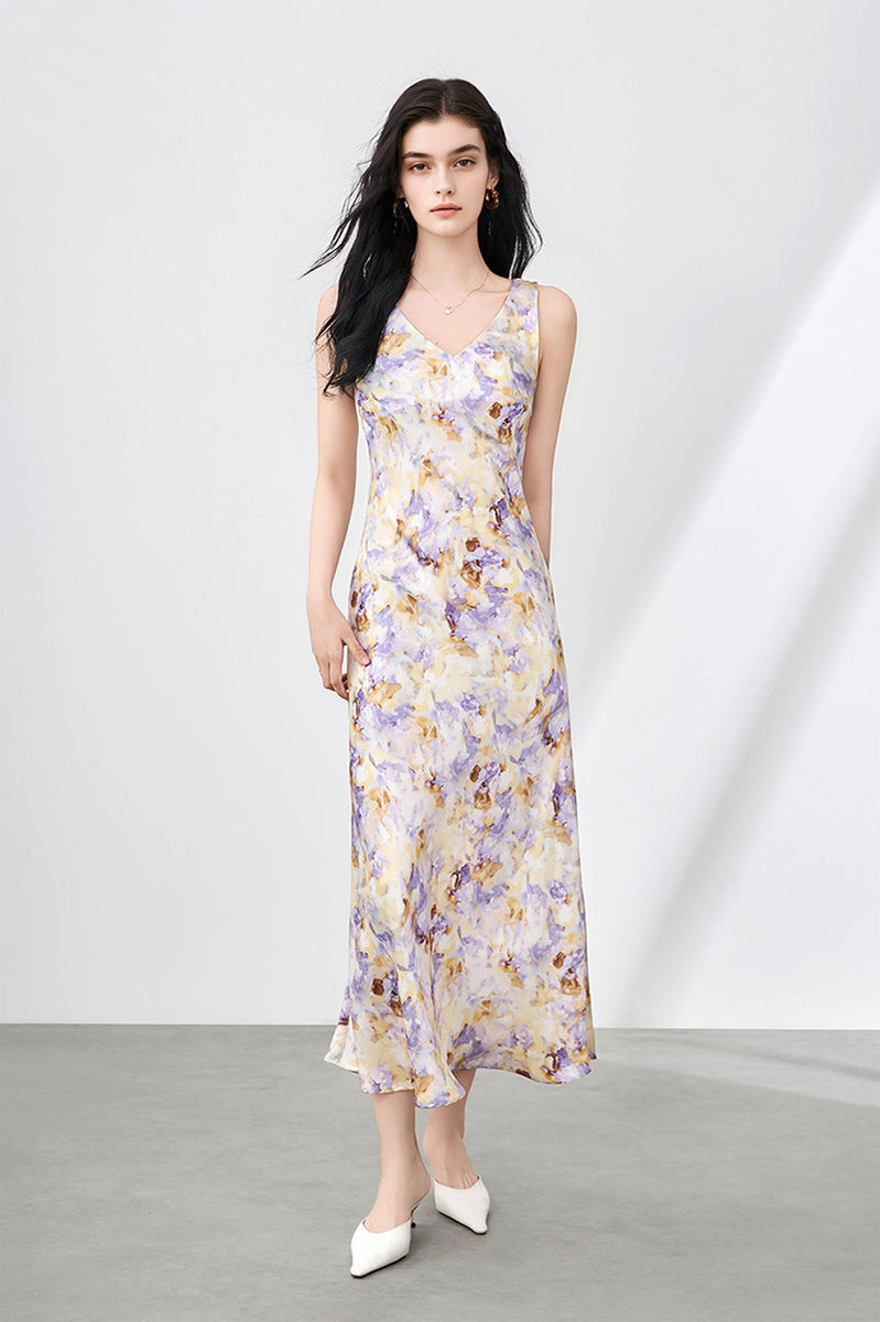Purple Floral Sleeveless V-Neck Satin Midi Dress | FIBFLX