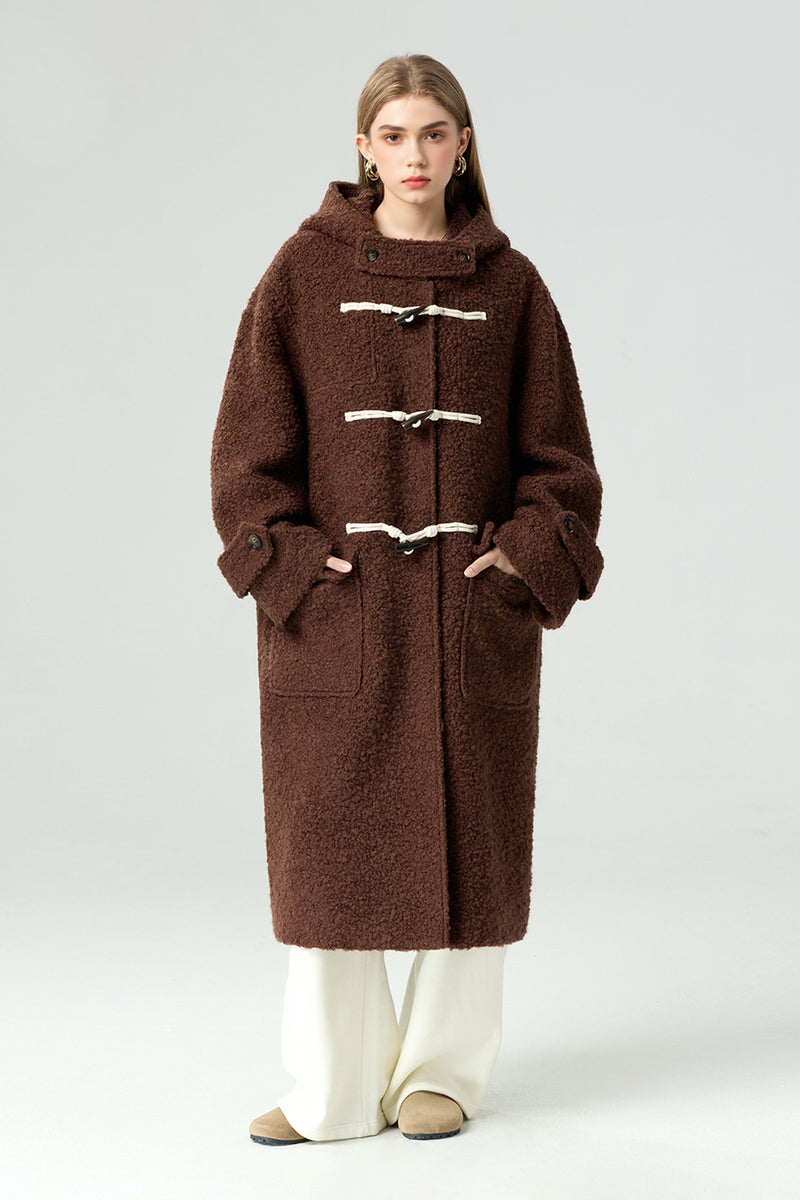 Women's Duffle Coat in Bouclé Wool | Soft Hooded Silhouette - Fibflx