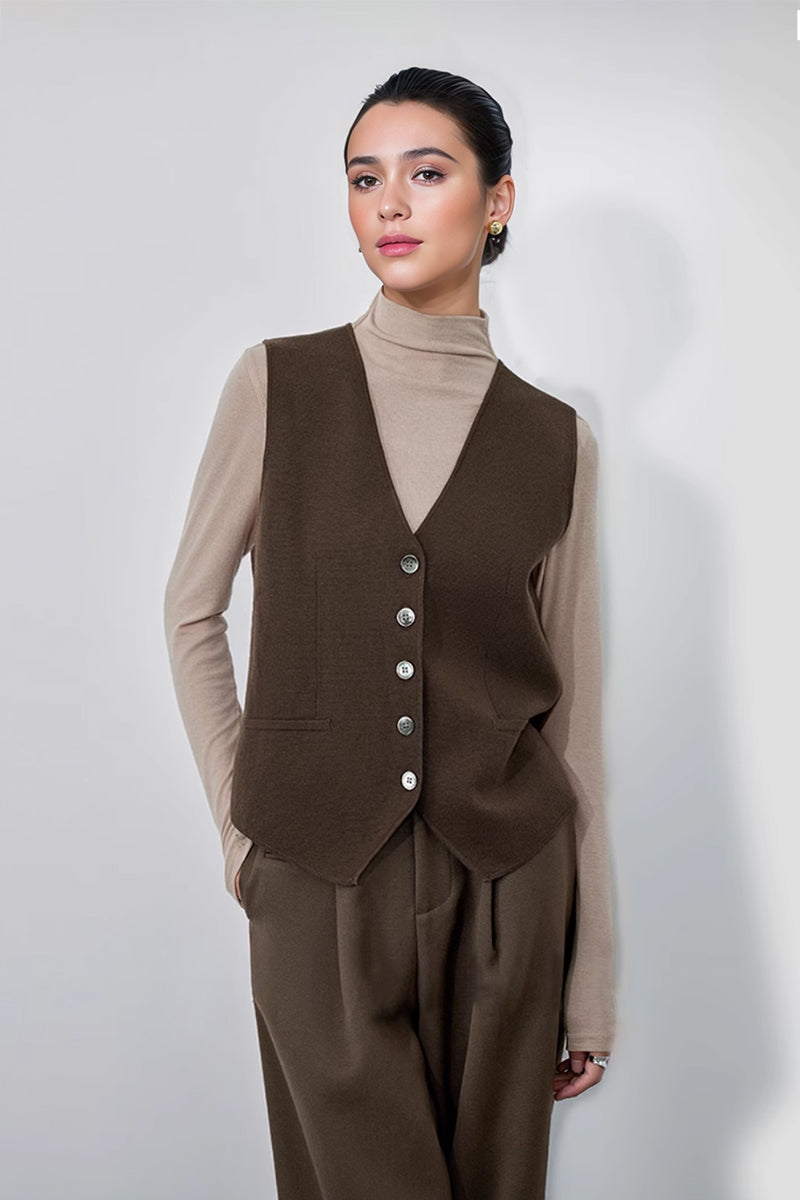 Fibflx Women's Soft Wool-Blend Knit Button-Up V-Neck Vest