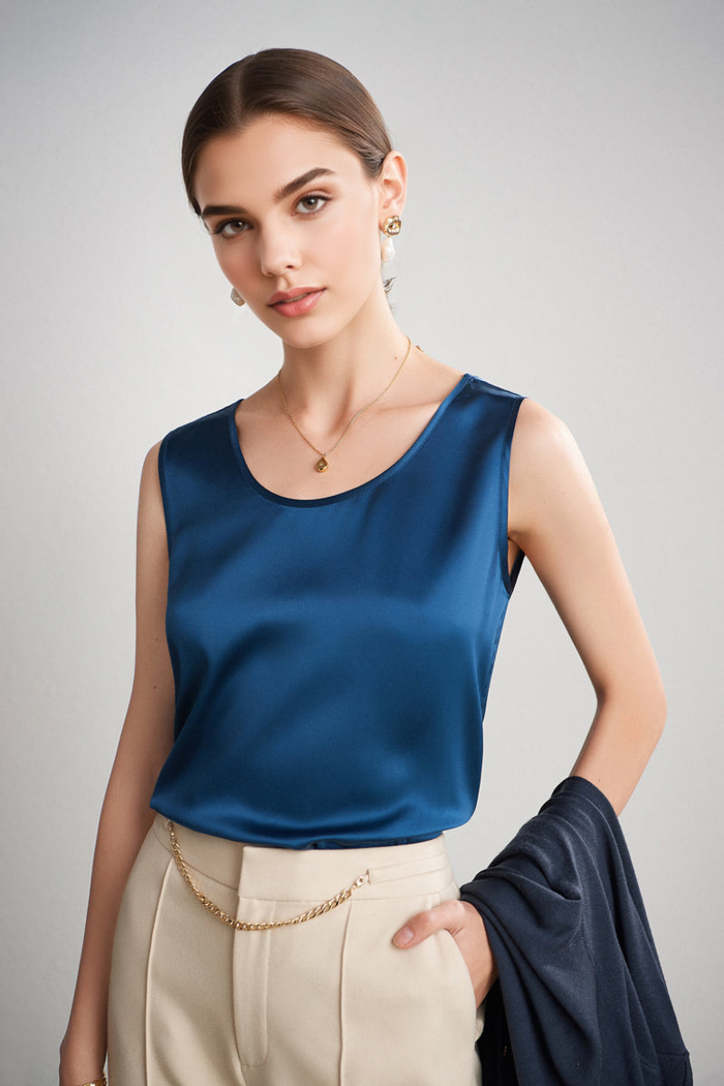 Fibflx Women's Stretch Silk Sleeveless Crewneck Shell Tank Blouse