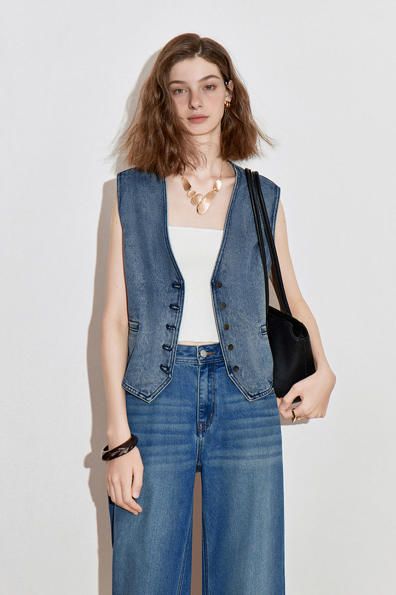 Fibflx Women's Tailored Denim V-Neck Button-Up Vest