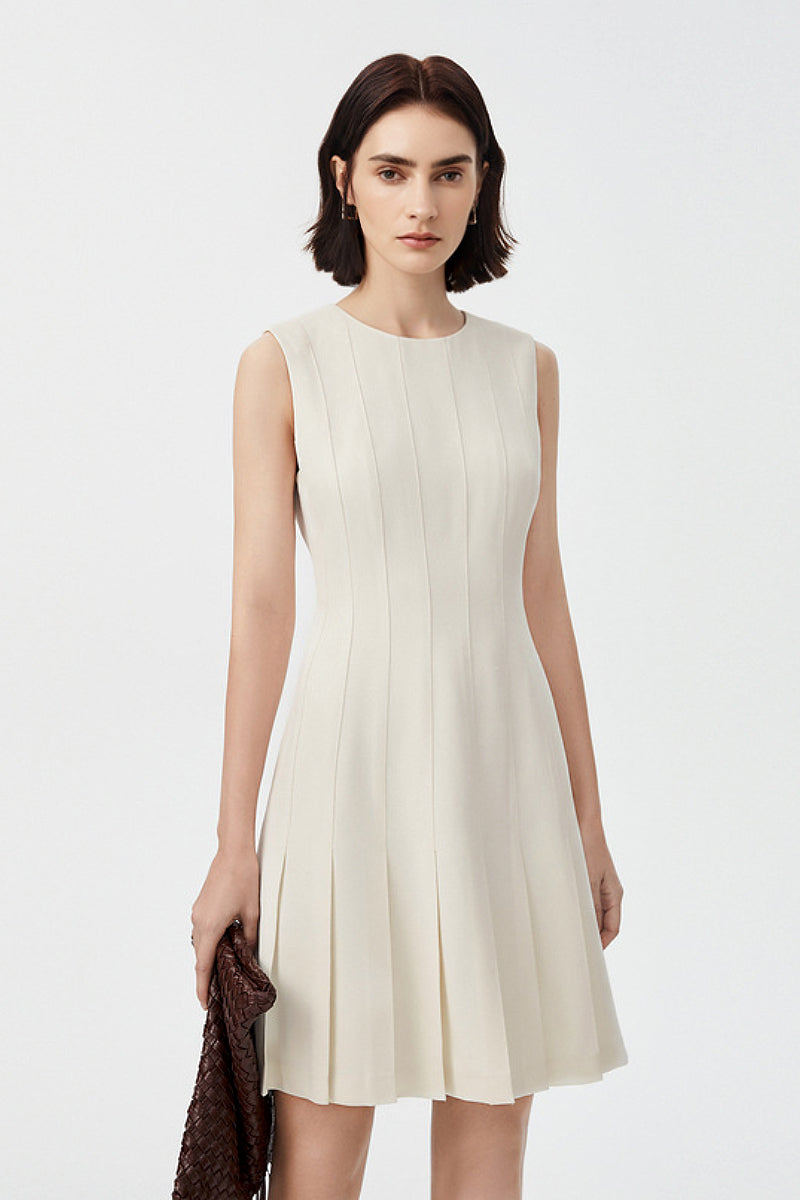 White Pleated Sleeveless A-Line Mini Dress in Triacetate | FIBFLX