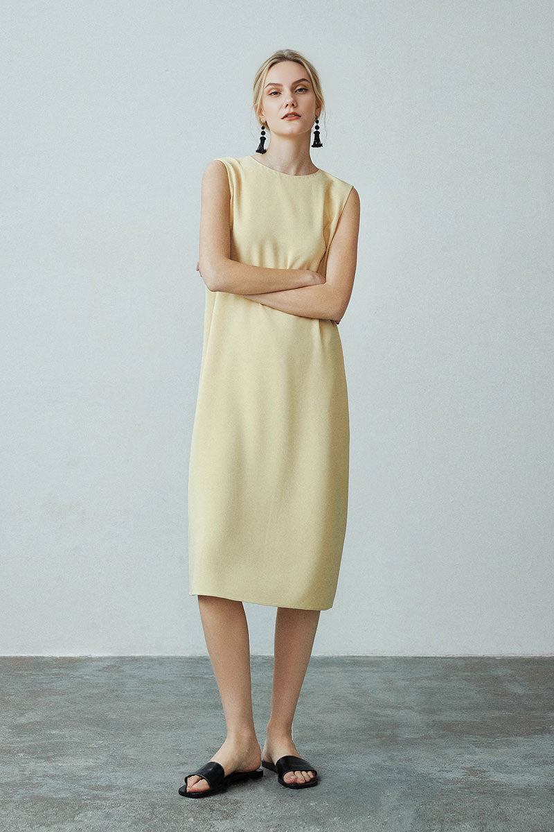Fibflx Women's Yellow Triacetate-Blend Midi Shift Dress with Pockets